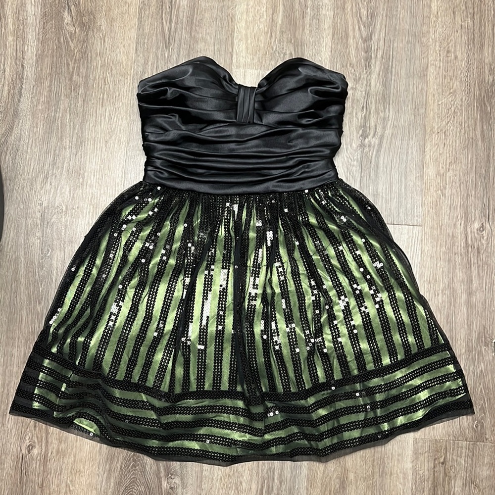 Formal Mini Party Dress Green Satin & Sequin - Gem